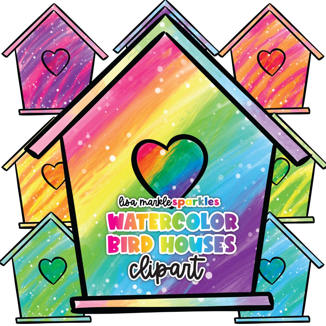 Watercolor Birdhouse Clipart Rainbow Spring Garden Bird House ...