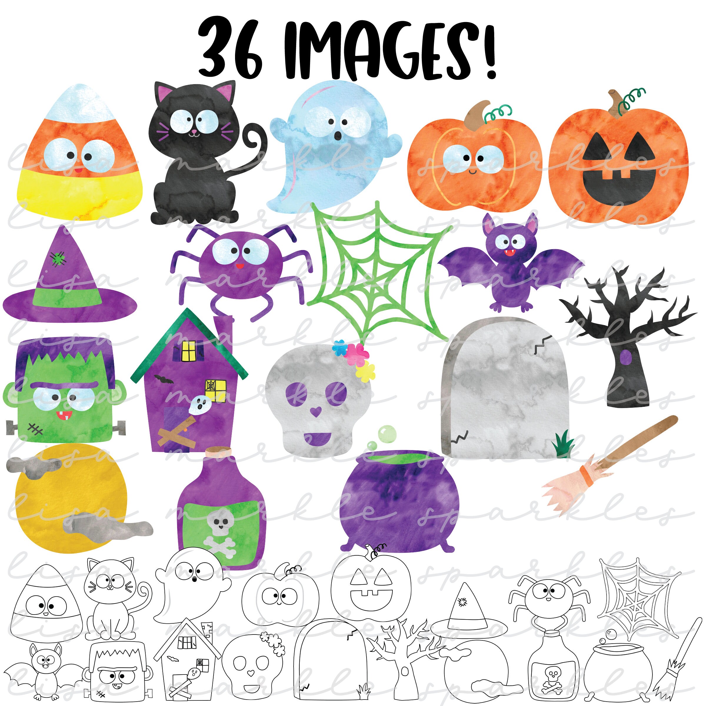 Watercolor Halloween Clipart PNG Images Witch Black Cat Ghost - Etsy