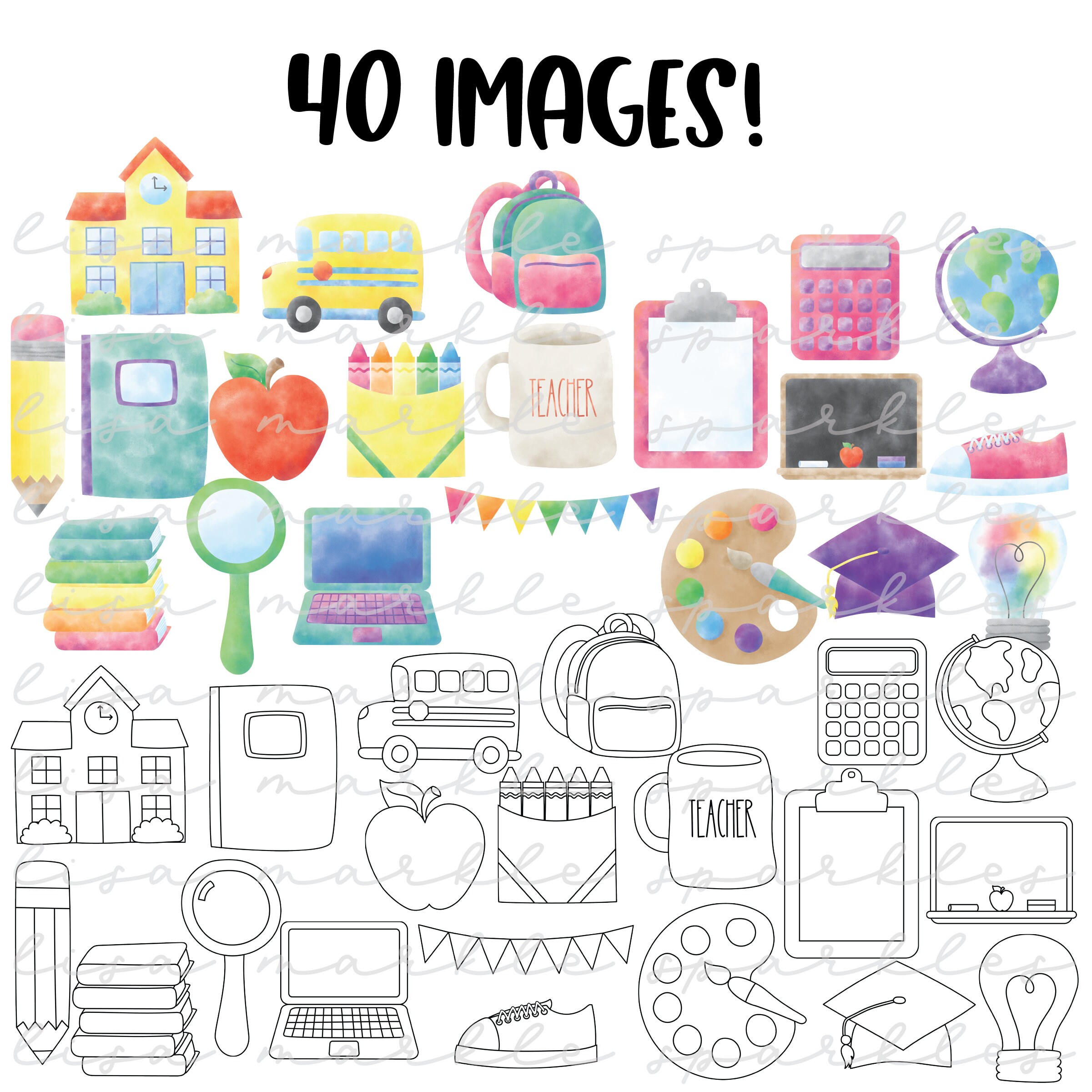 Watercolor First Day of Back to School Clipart Teacher Supplies Library ...