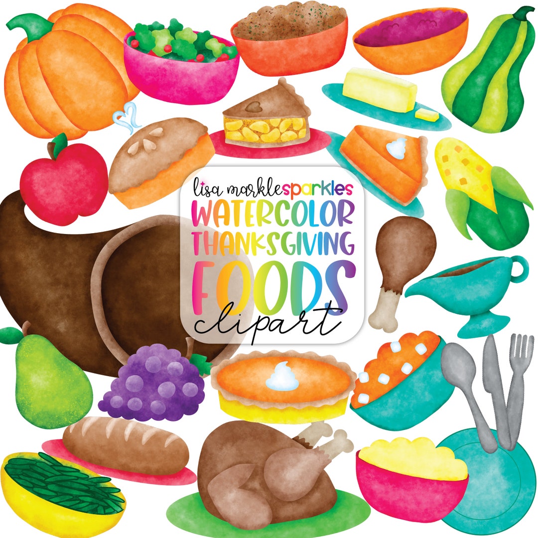 Watercolor Thanksgiving Food Clipart Dinner Table Turkey Cornucopia ...