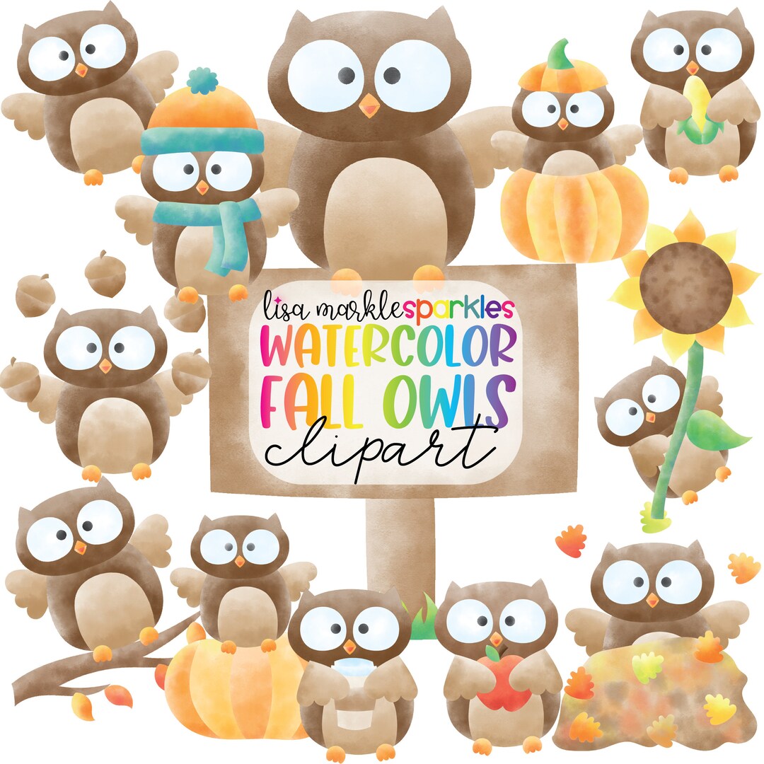 Watercolor Fall Autumn Owls Clipart Nature Forest Woodland Pumpkin ...