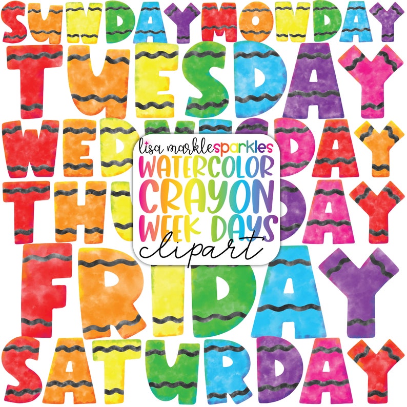 Watercolor Crayon Days of the Week Words Clipart Birthday - Etsy