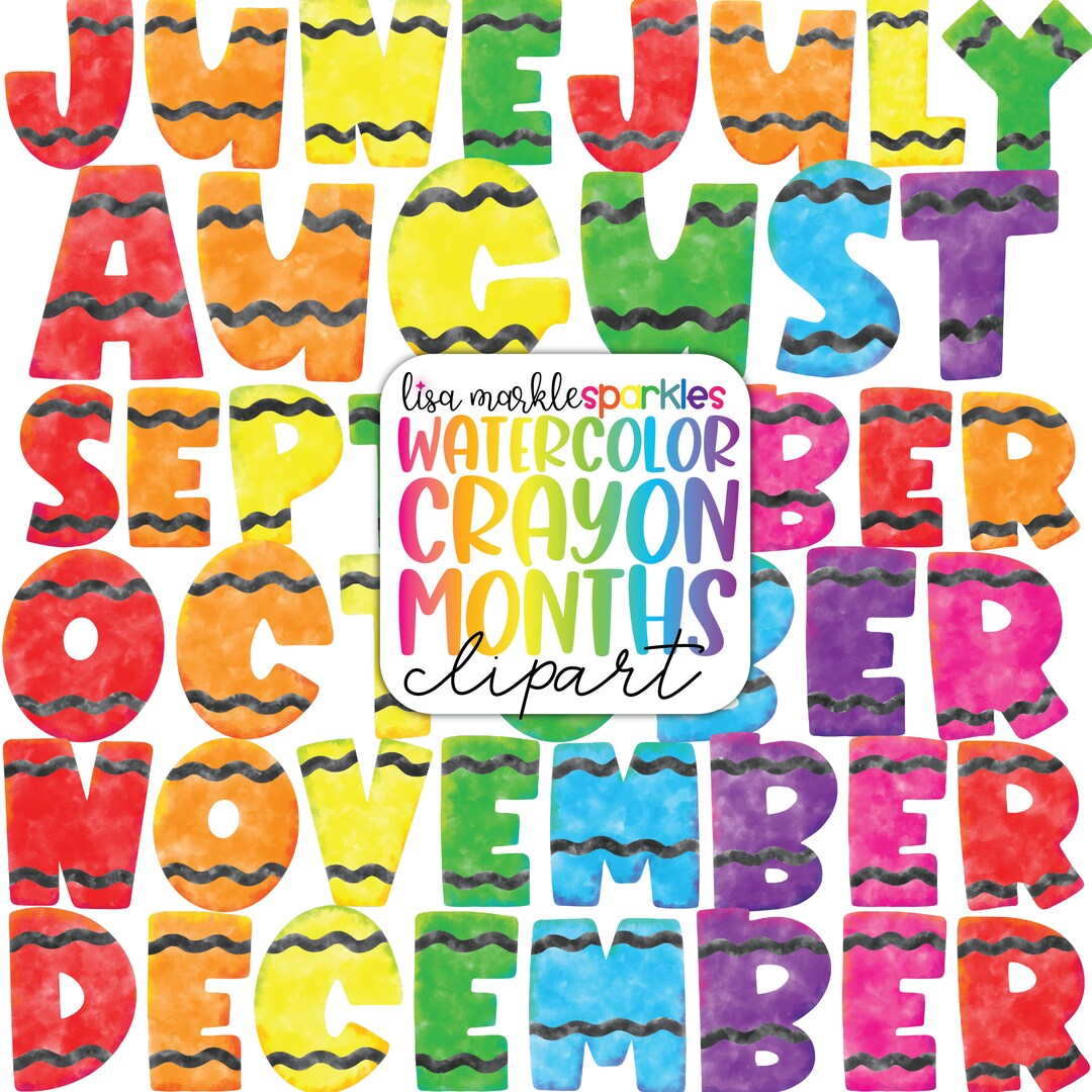 Watercolor Crayon Months of the Year Words Clipart Birthday Planner ...