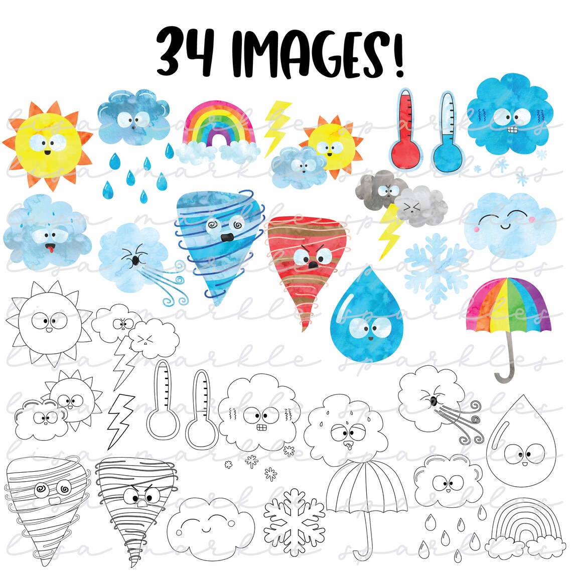 Watercolor Weather Clipart Cloud Rainbow Umbrella Snow - Etsy