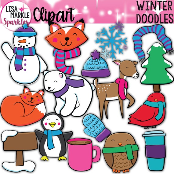 Winter Clipart Winter Doodles Clipart Cute Winter Animals | Etsy