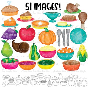 Watercolor Thanksgiving Food Clipart Dinner Table Turkey Cornucopia ...