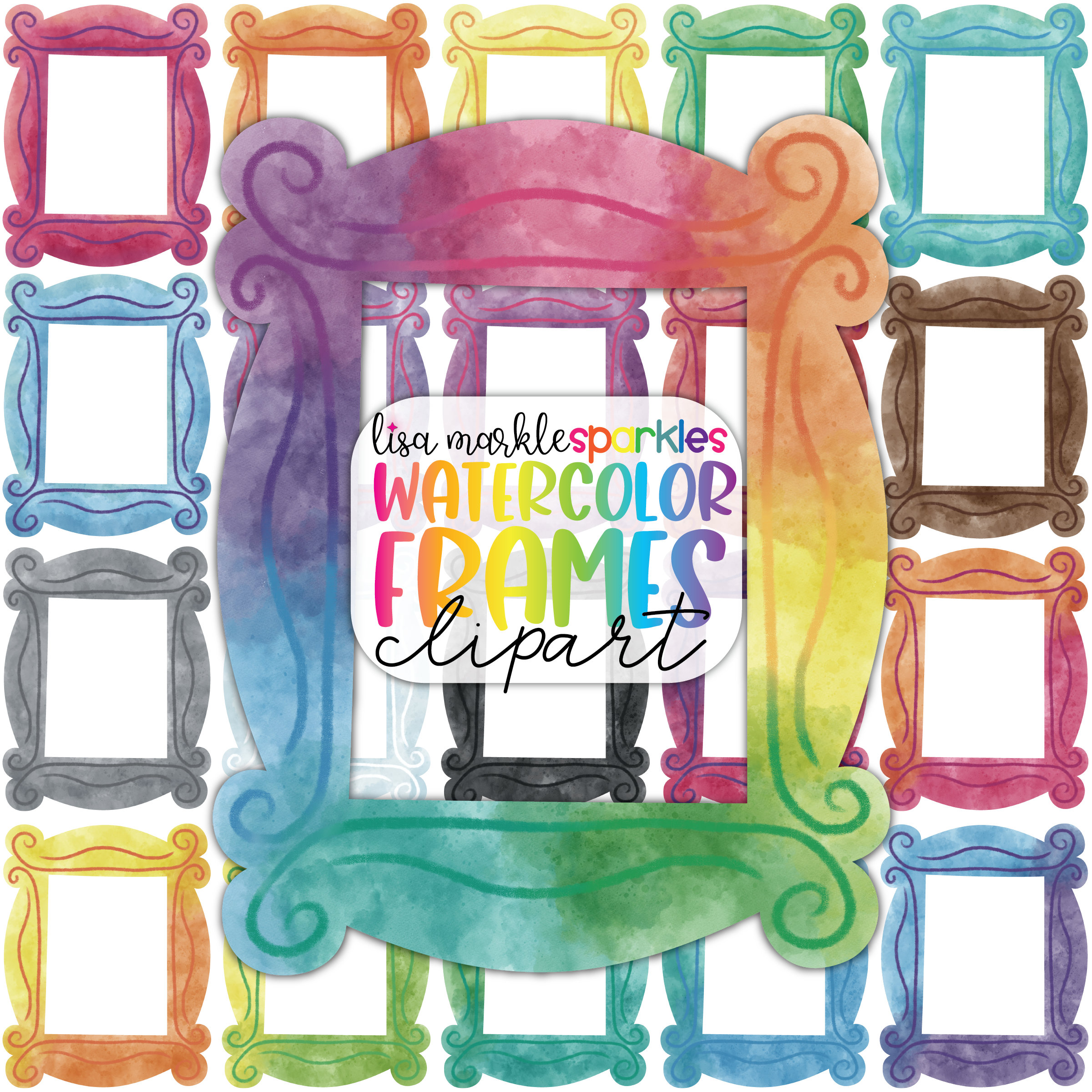 Watercolor Picture Frame Clipart Rainbow Flourish Swirl Elegant Doodle ...