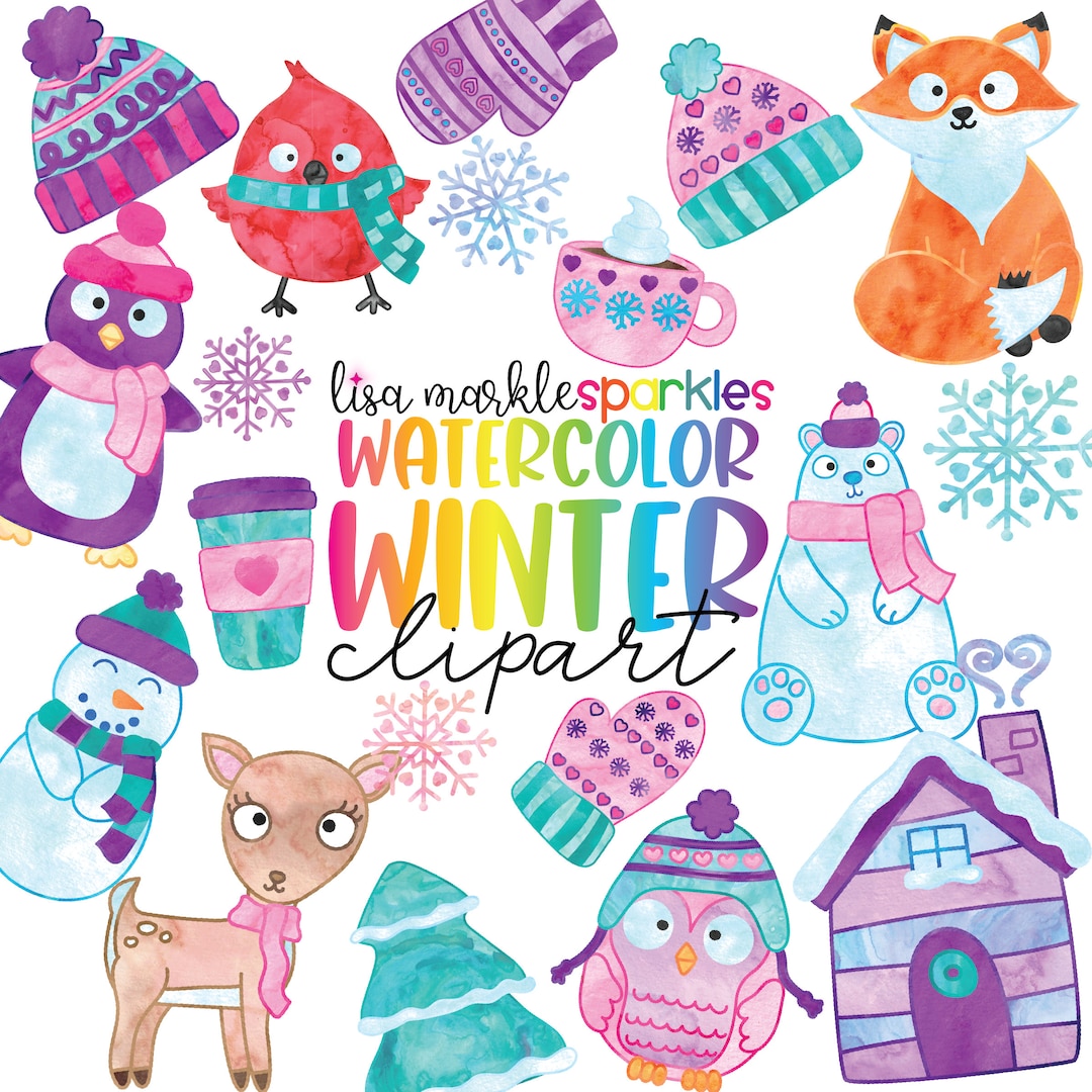 Watercolor Winter Animal Clipart PNG Image Hat Mitten Penguin Snowman ...