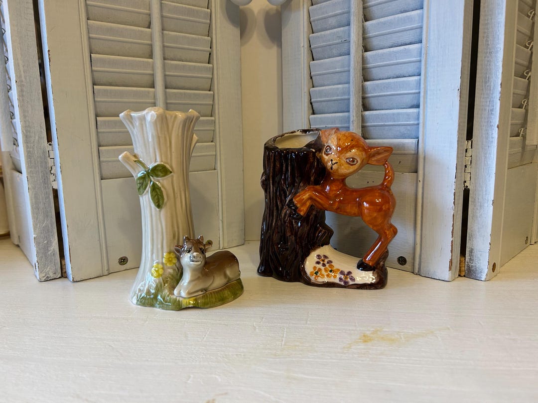 Vintage Cow & Dear W/ Tree Trunk Vase, Vintage Nursery Décor - Etsy