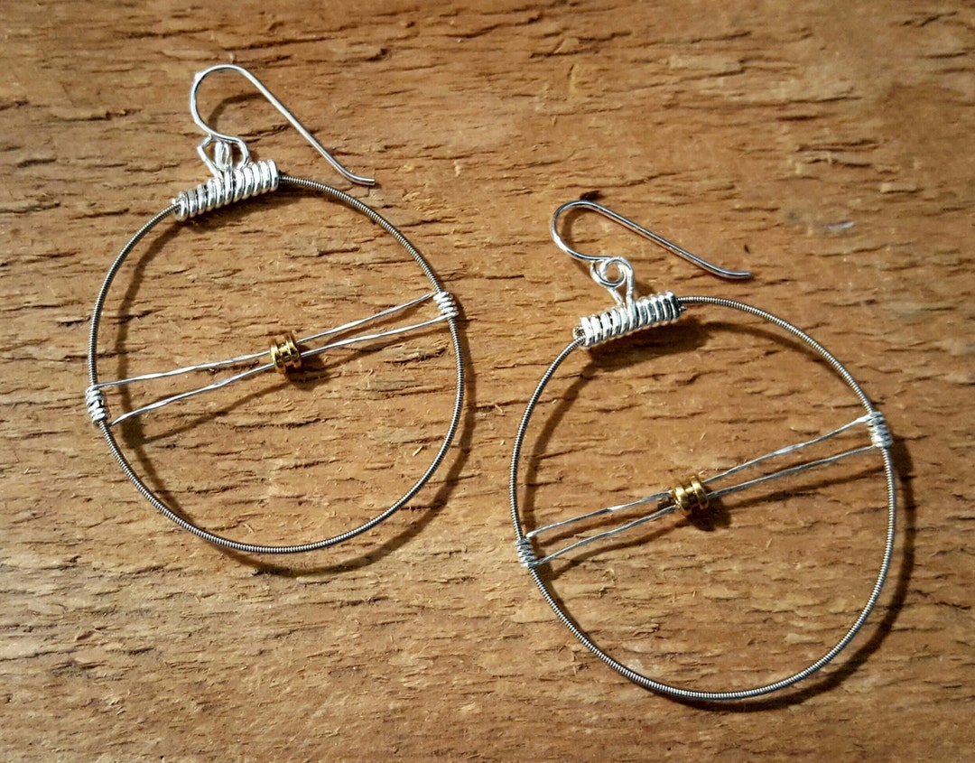 Recycled Guitar String Hoop Earrings With Brass Bead - Etsy New Zealand