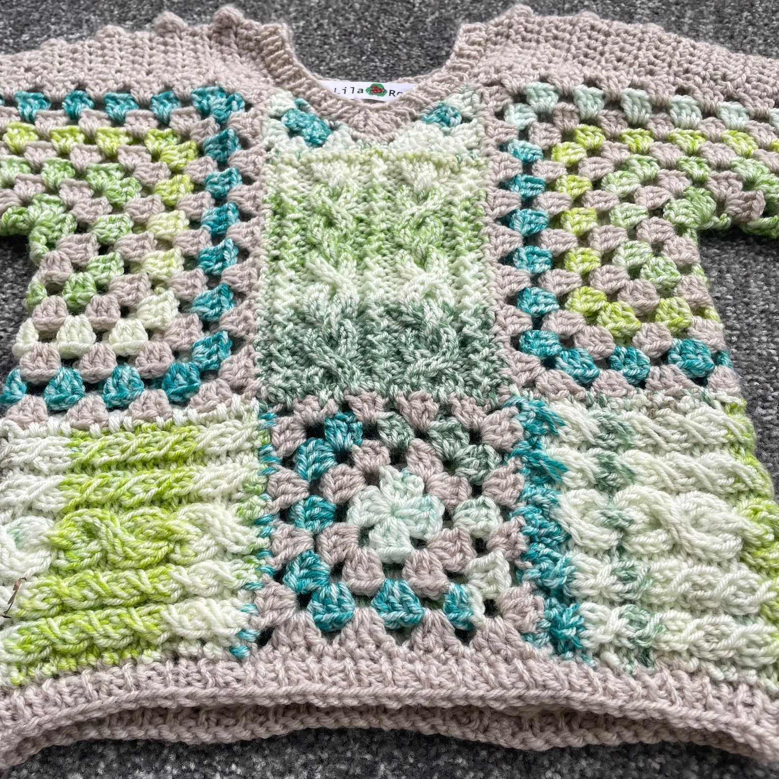 Kids V Neck Jumper With Crochet Hex Granny Square, Bobble Sleeves ...