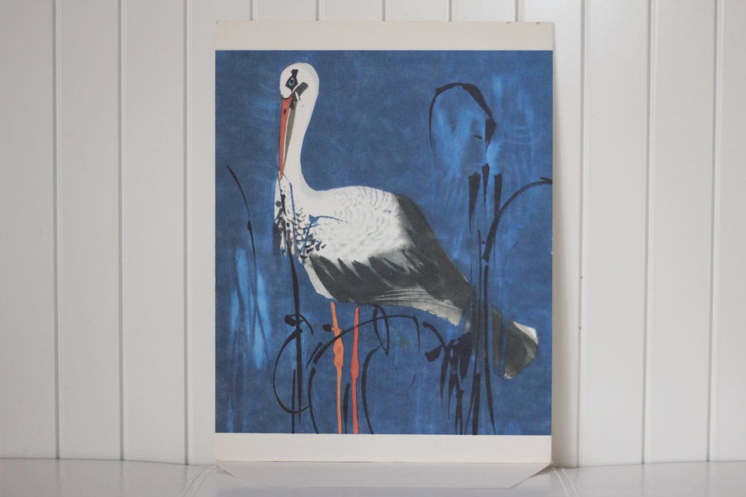 Stork Watercolor Print Vintage Poster Made in Czechoslovakia Animal ...