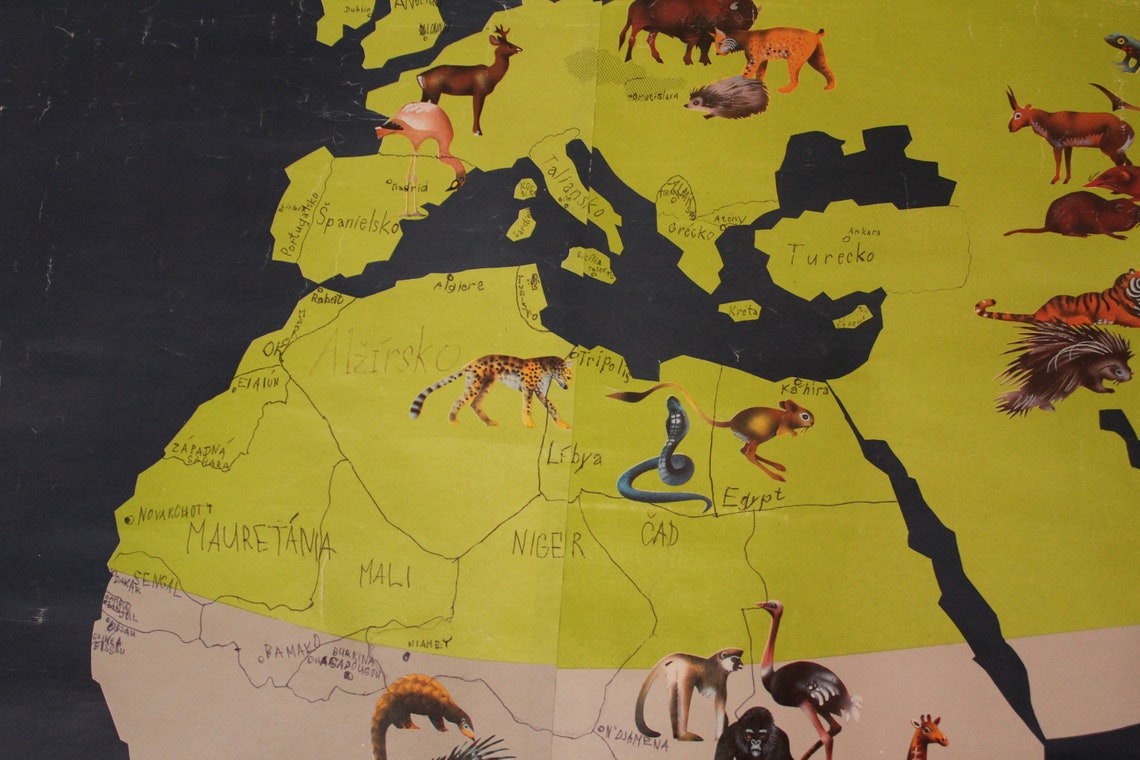 Animal World Map, Large Map, Pull Down Chart, Fauna Poster, Vintage Map ...