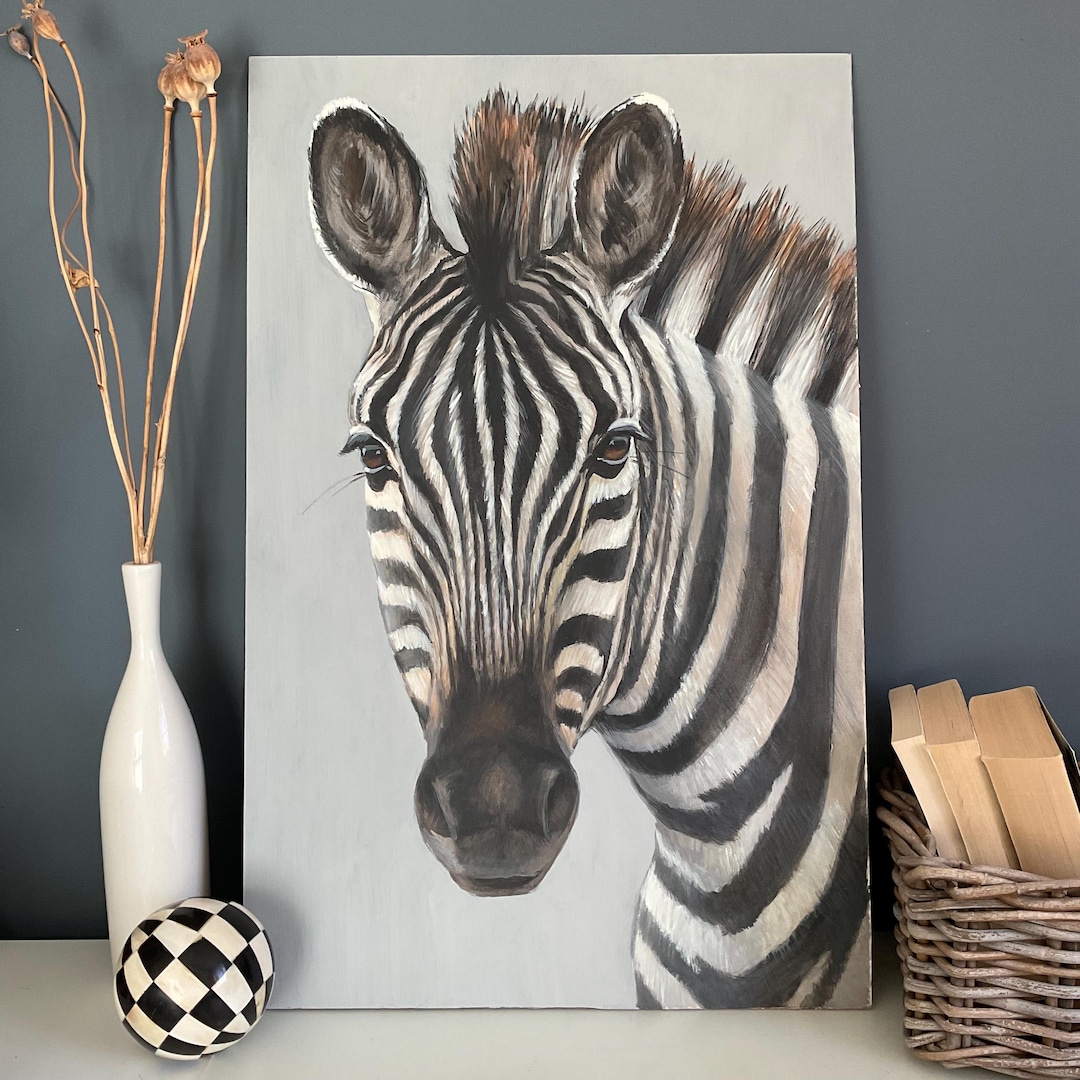 Original Zebra Portrait Painting: Acrylic Animal Art (18”x27.5”) - Etsy