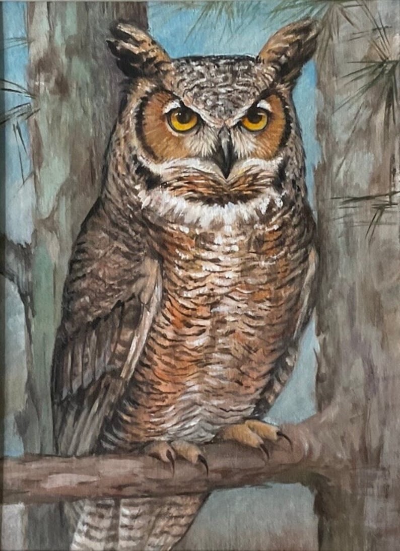 Horned Owl Portrait: Original Acrylic Painting in Wooden Frame - Etsy