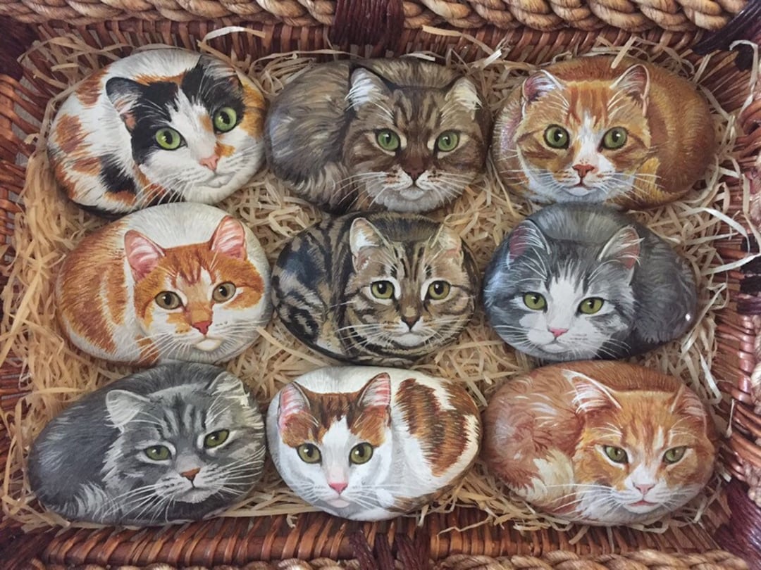Custom Cat Portrait Rock: Hand-painted Pet Memorial Stone, Personalised ...