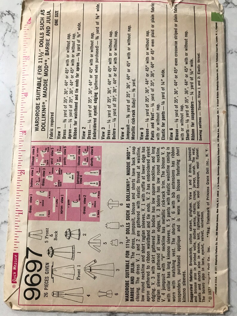 Simplicity 9697 Doll Clothes Pattern for 11 1/2 Dolls Like Barbie - Etsy