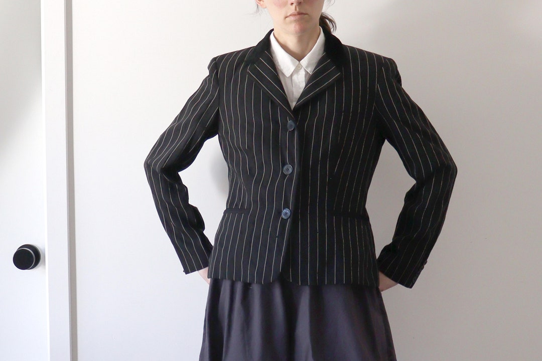 Black Pinstripe Blazer With Velvet Collar - Etsy