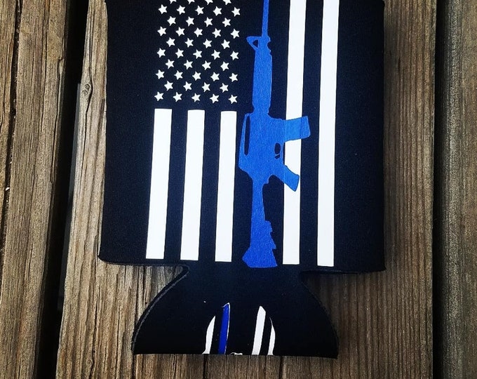 Thin Blue Line Gun Flag Can Cooler Police Firefighter First Responder ...