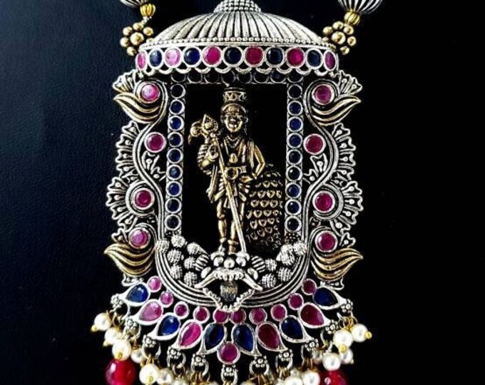 Lord Vishnu CZ India Necklace Set With Pearls, Peacock Necklace, Hindu ...