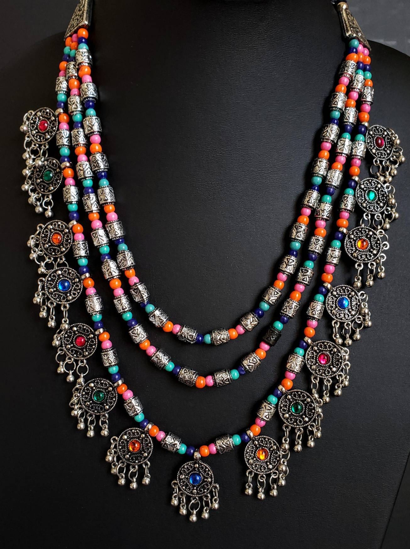 Afghani beaded multistrand necklace with charms, Afghani jewelry, Kuchi ...