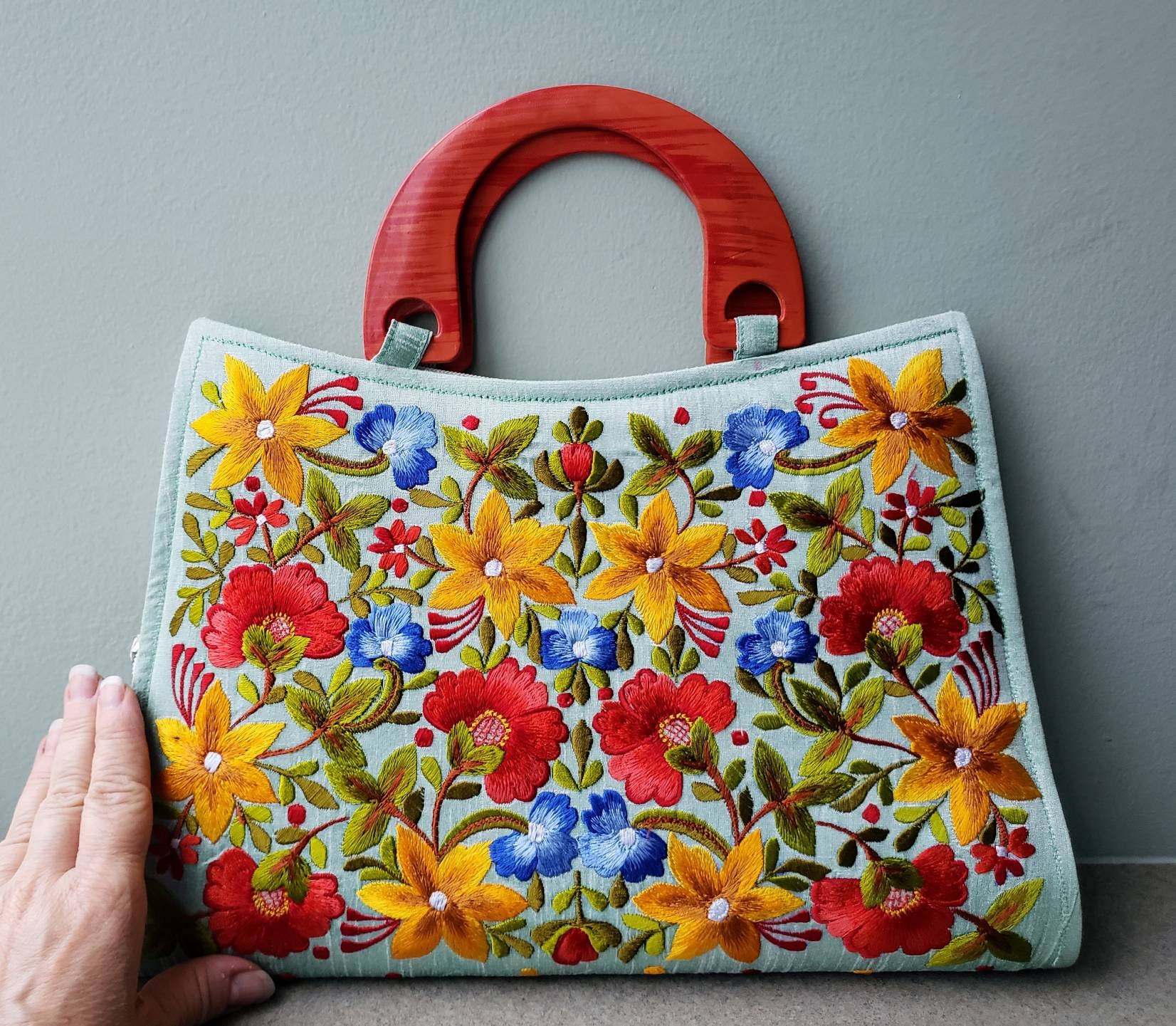 Embroidered pastel green floral handbag, iPad case for her, tablet case ...