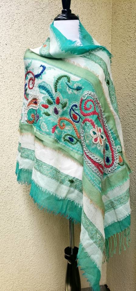 Embroidered teal boiled wool shawl, embroidered womens winter wrap ...