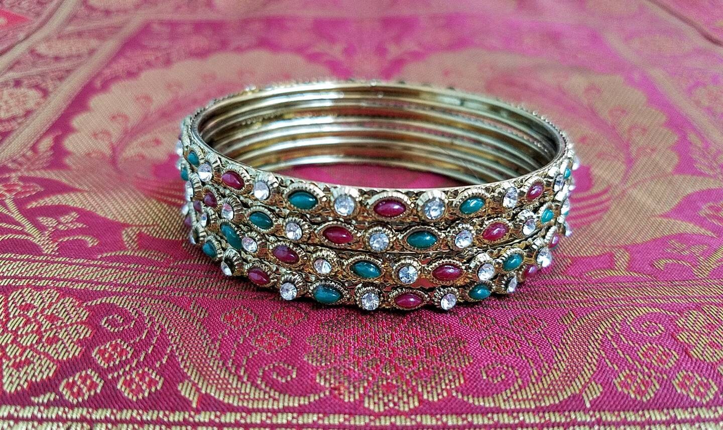 Indian jewelry, Indian bangles, Bollywood bangles, green and red stone ...