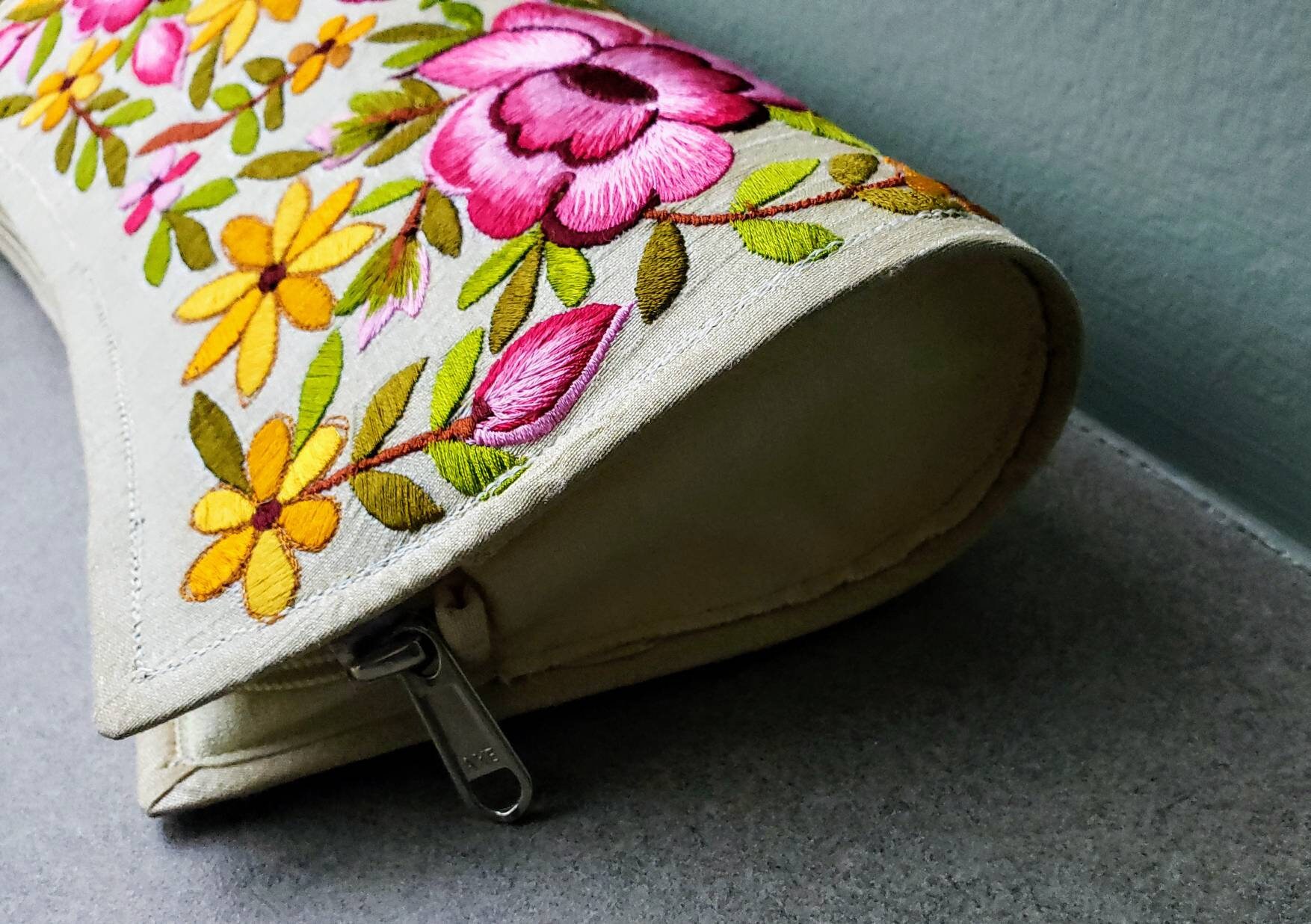 Beige silk clutch embroidered with pink roses, pink floral clutch ...