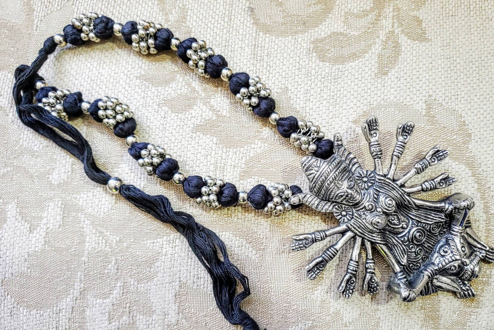 Large Hindu Durga Goddess thread necklace with silver tone cluster ...