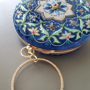 Blue Velvet Hand Embroidered Round Handbag With Crystal Bracelet Top ...