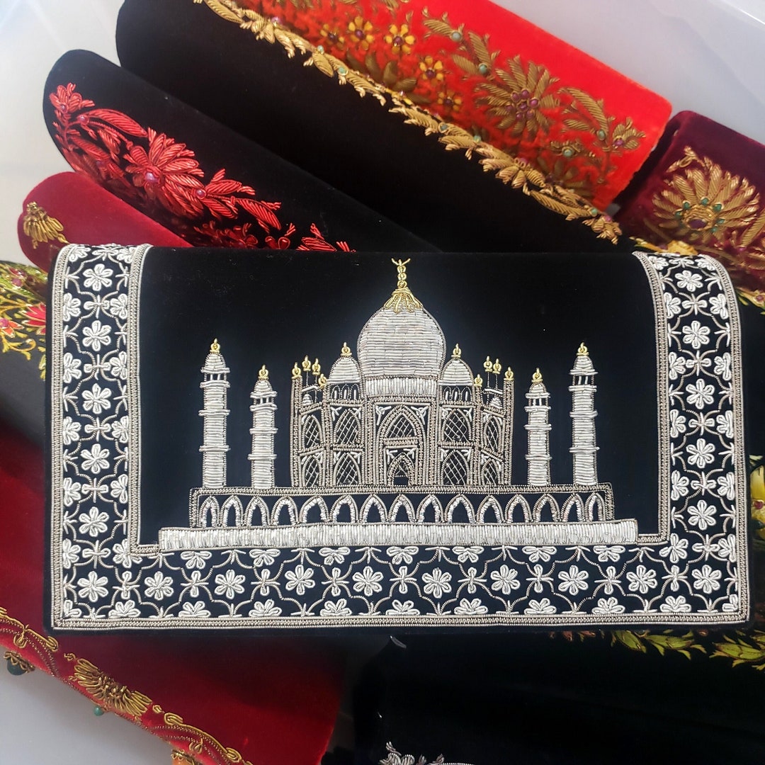 Taj Mahal Evening Clutch: Black Velvet Embroidered Indian Handbag - Etsy