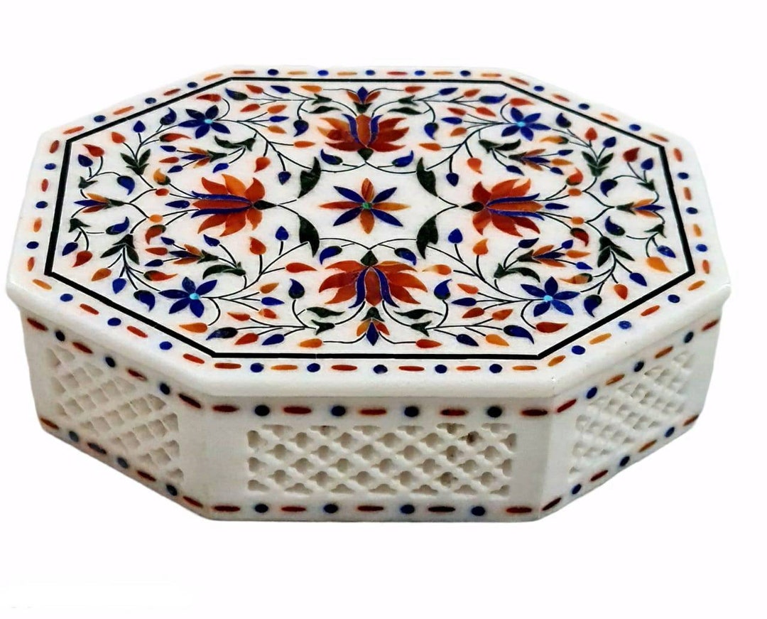 Decorative White Marble Box Inlaid With Flowers, Hexagon Jewelry Box ...