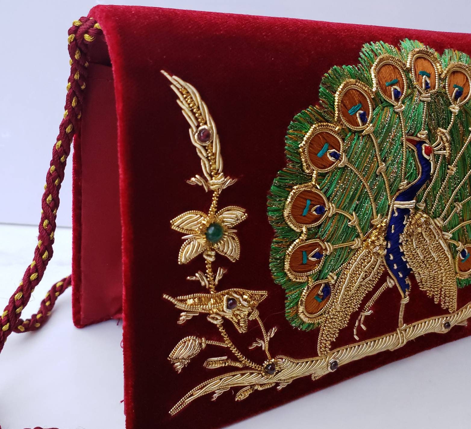 Embroidered peacock burgundy velvet evening bag, Zardozi gold work ...