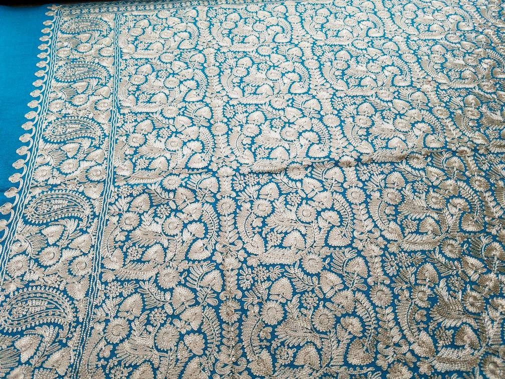 Turquoise embroidered wool shawl, embroidered shawl, turquoise shawl ...