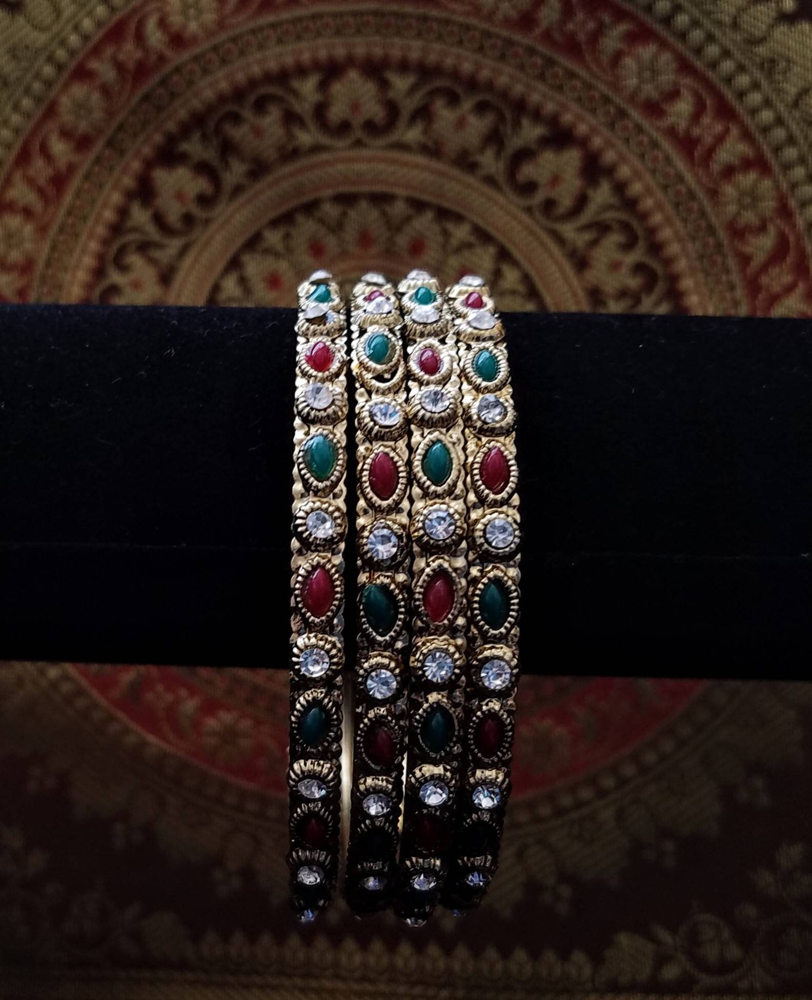 Indian jewelry, Indian bangles, Bollywood bangles, green and red stone ...