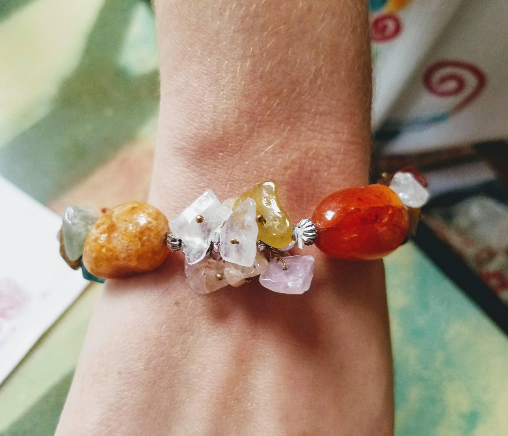 Multi stone stretch bracelet. polished rock chip adjustable bracelet ...