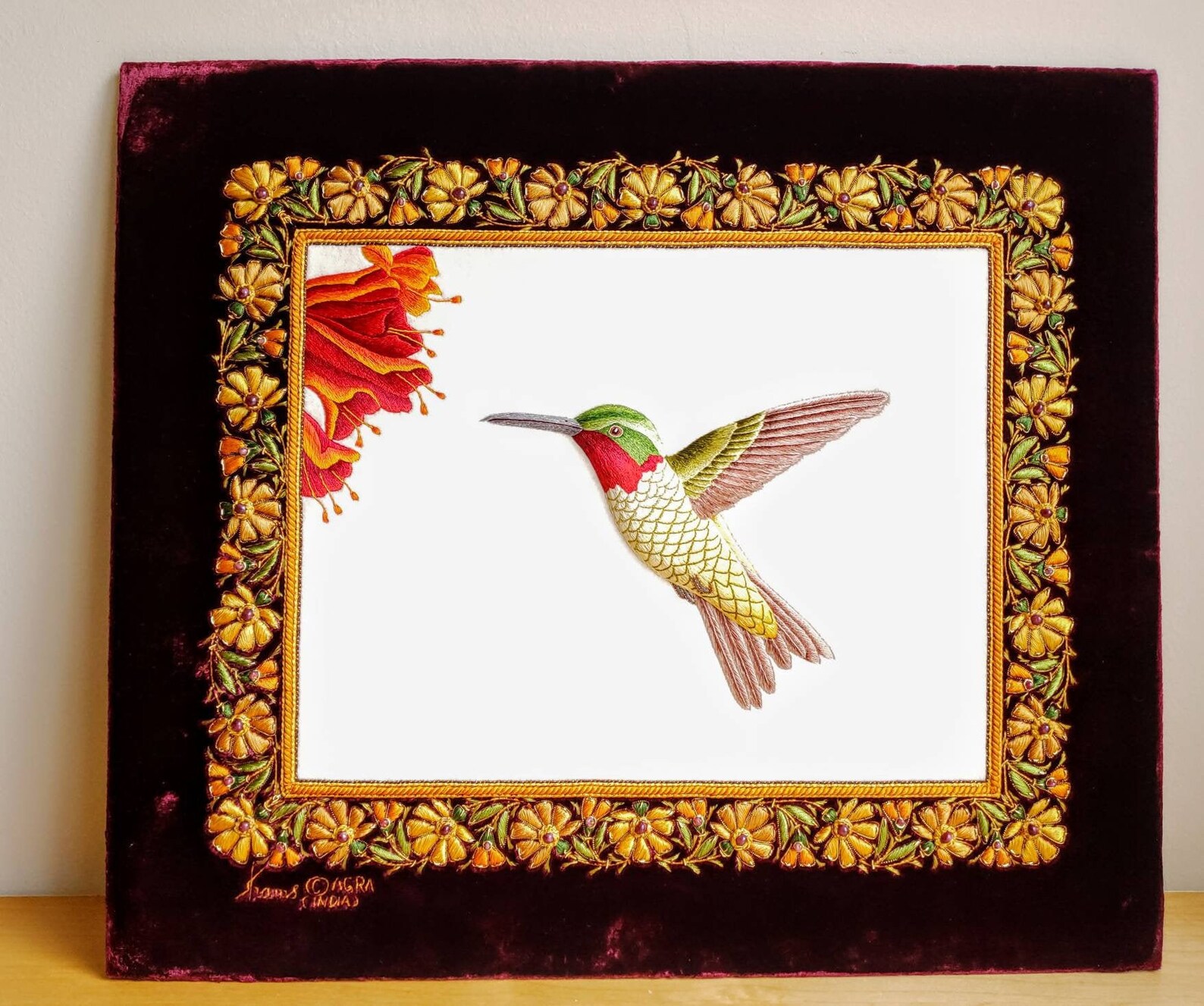 Hand Embroidered Hummingbird Wall Art: Zardozi Ruby Velvet Decor - Etsy