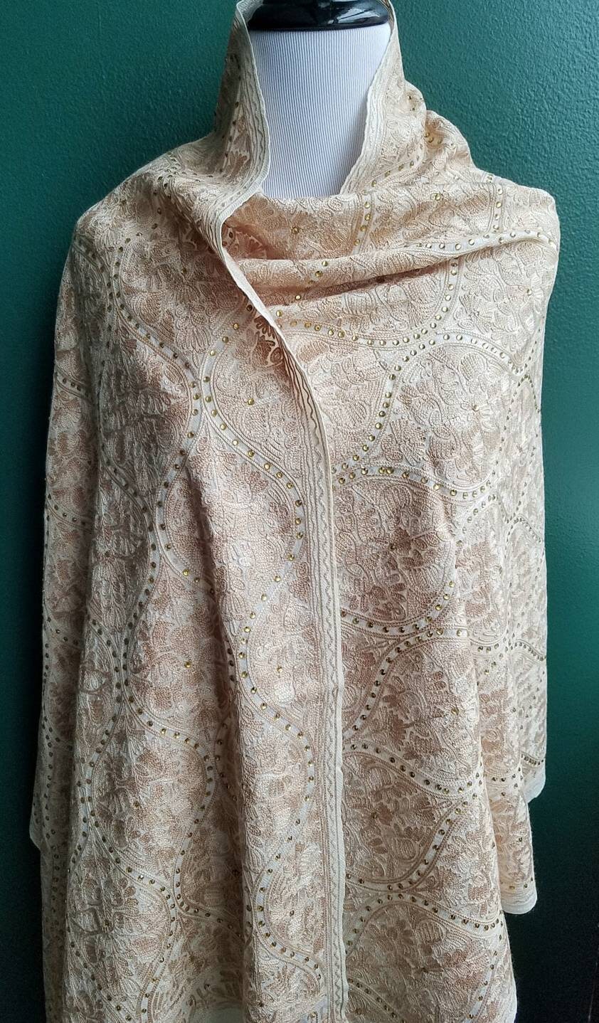 Rose gold embroidered shawl, beige wool shawl, gifts for her, wedding ...