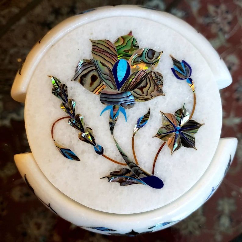Marble Coaster Set With Floral Inlay Work Pietra Dura Coaster - Etsy