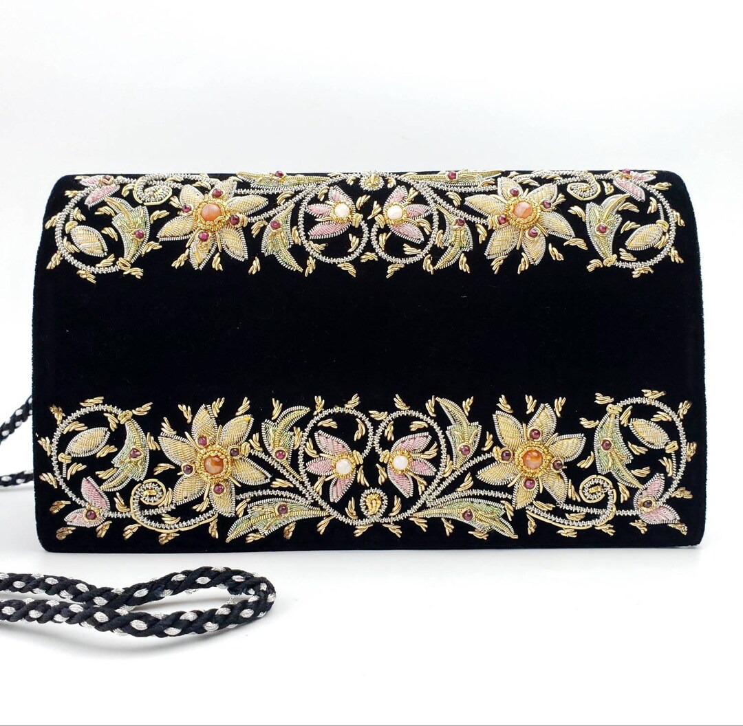 Hand Embroidered Floral Clutch Bag, Black Velvet Evening Bag With ...