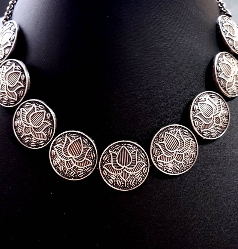 Lotus Flower Medallion Choker Set: German Silver Indian Necklace - Etsy