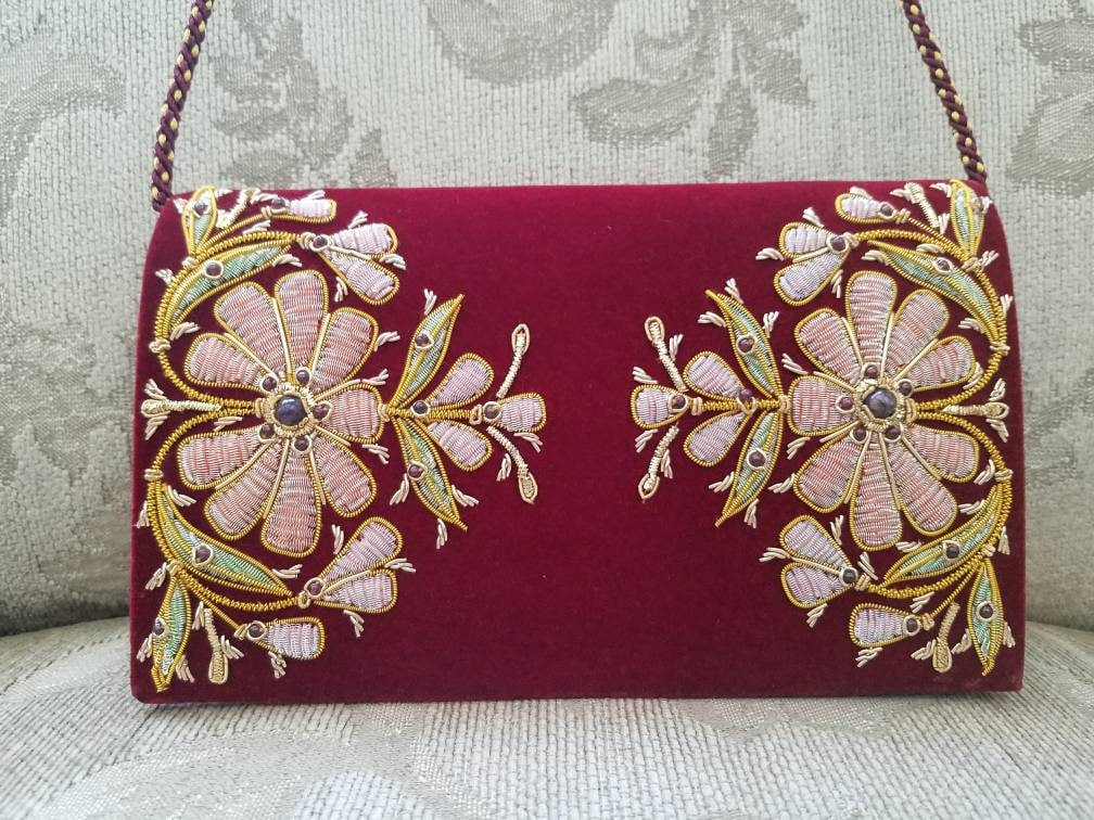 Crimson red velvet embroidered handbag, embroidered floral clutch ...