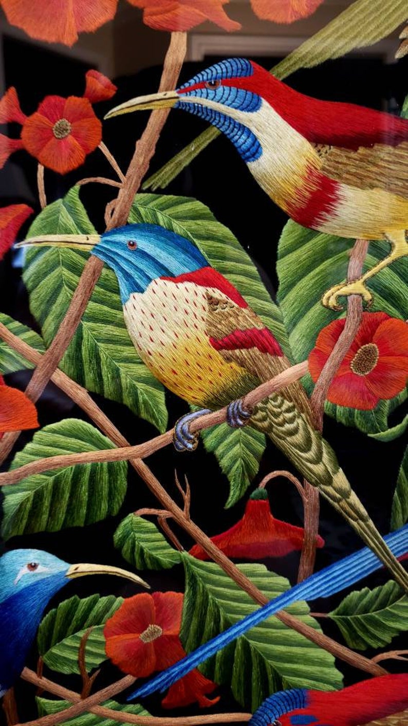 Birds of Paradise Embroidered Tapestry Framed Silk Tapestry - Etsy
