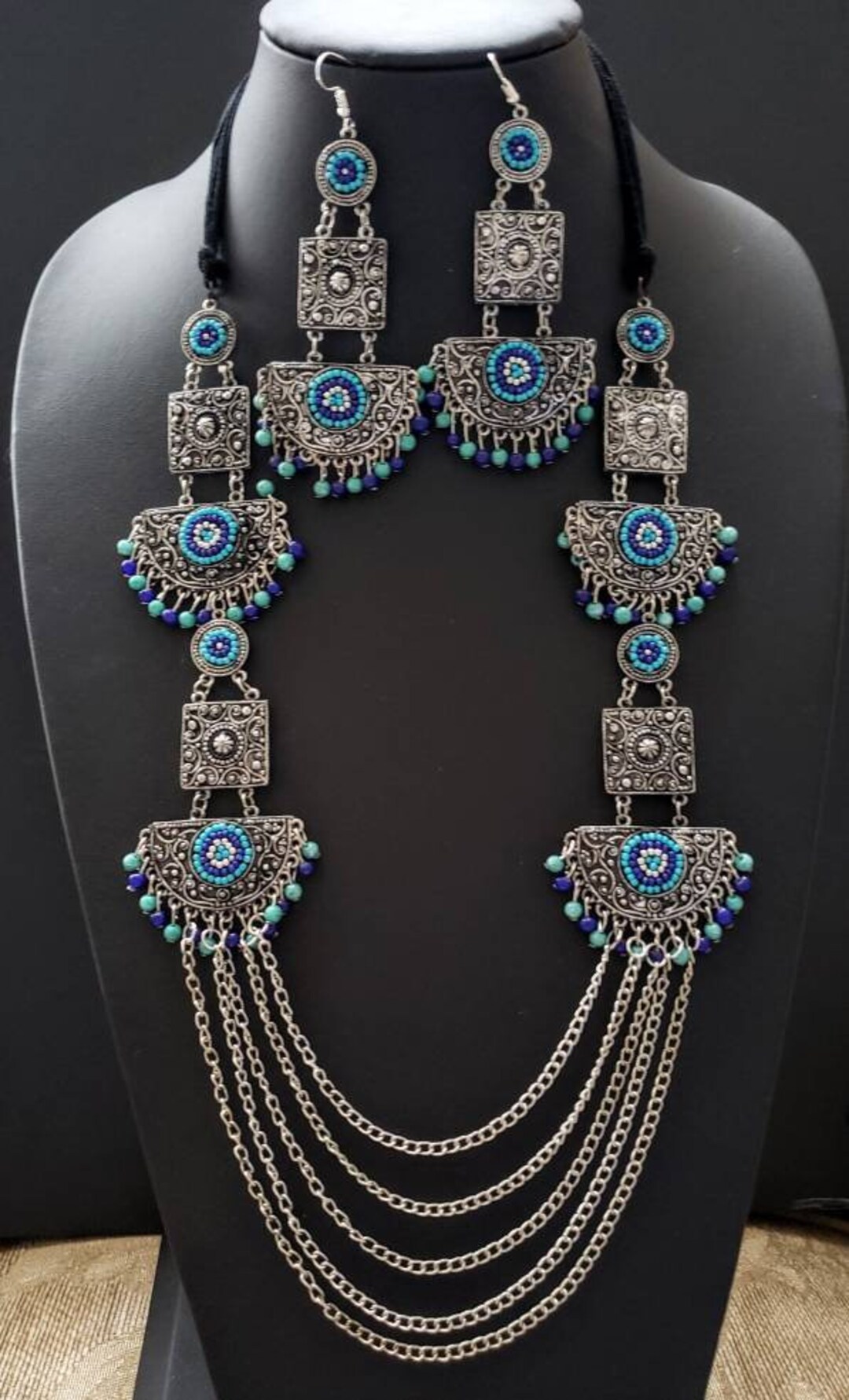 Beaded India Chandbali Necklace and Earrings in Oxidized Silver ...