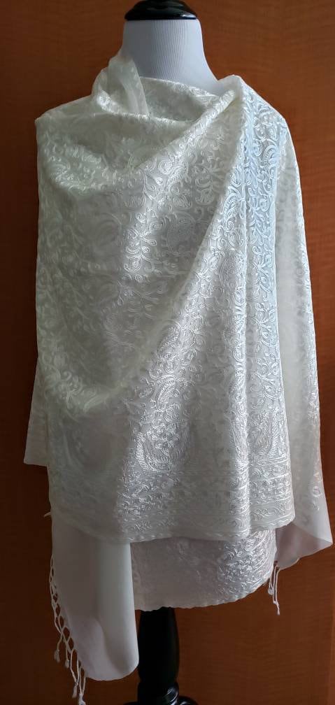embroidered cream wool wrap, cream wool shawl, gifts for her, winter ...
