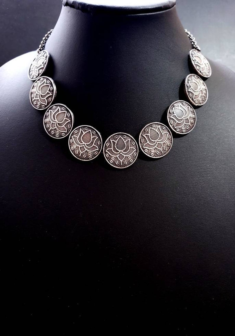 Lotus Flower Medallion Choker Set: German Silver Indian Necklace - Etsy