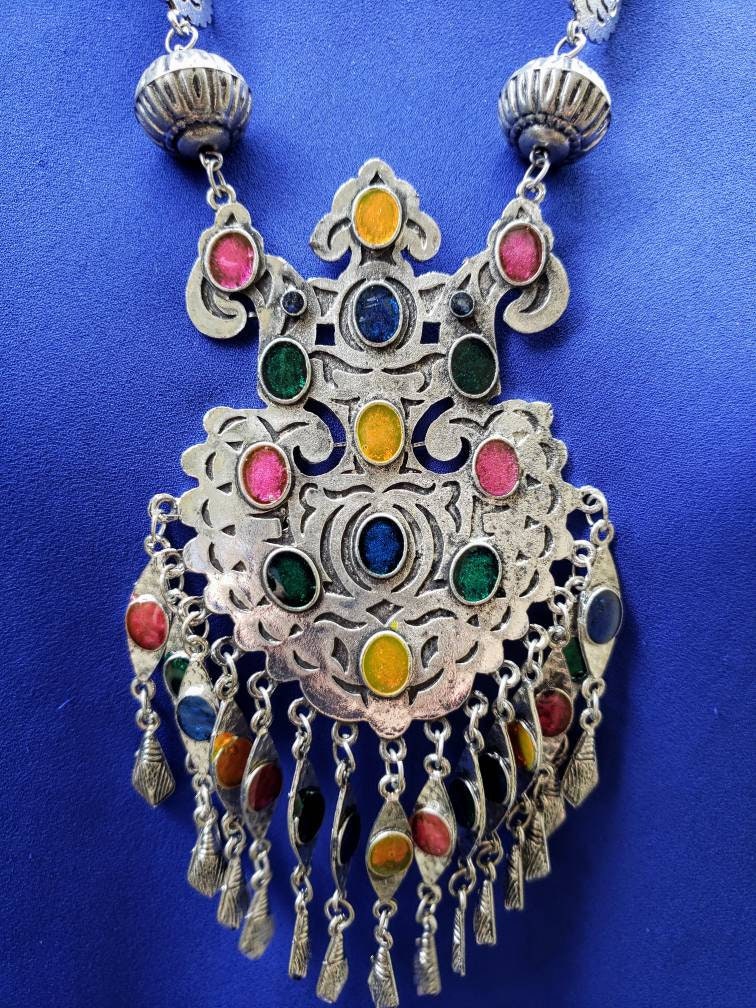 Turkmen necklace and earrings set with dangles, Turkmen jewelry, ethnic ...