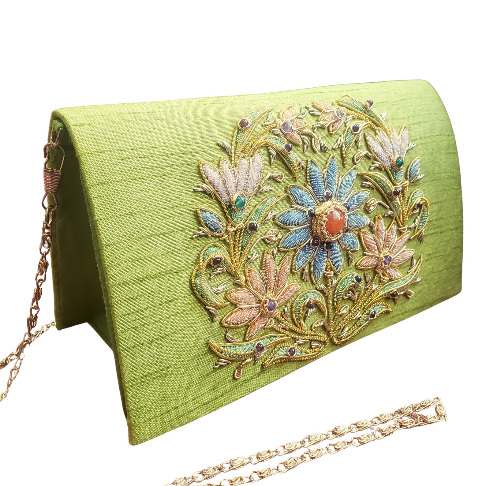 Chartreuse Silk Clutch: Hand Embroidered Floral Evening Bag - Etsy