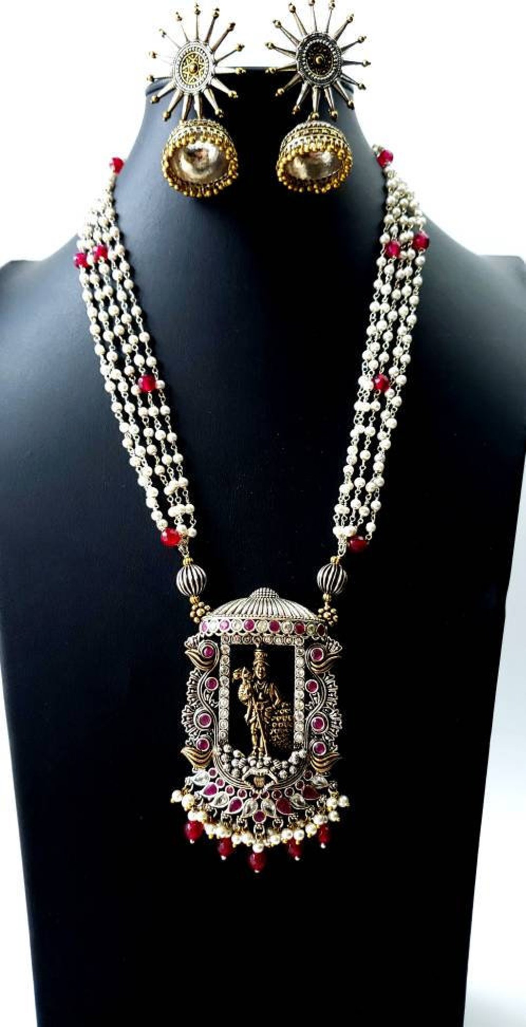 Lord Vishnu CZ India Necklace Set With Pearls, Peacock Necklace, Hindu ...